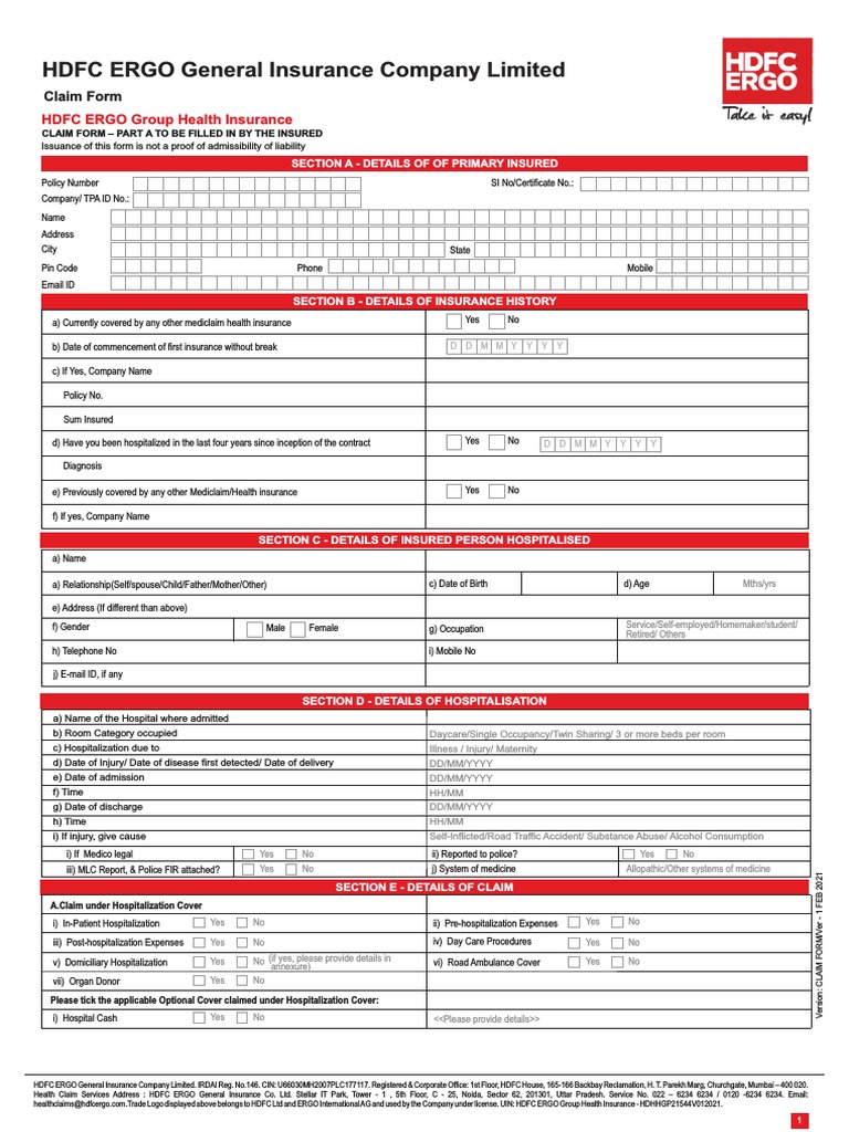 HDFC ERGO Health Insurance Claim Form | PDF | Receipt | Patient