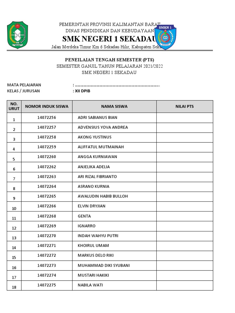 Format Nilai Pts - Ganjil 2021 | PDF