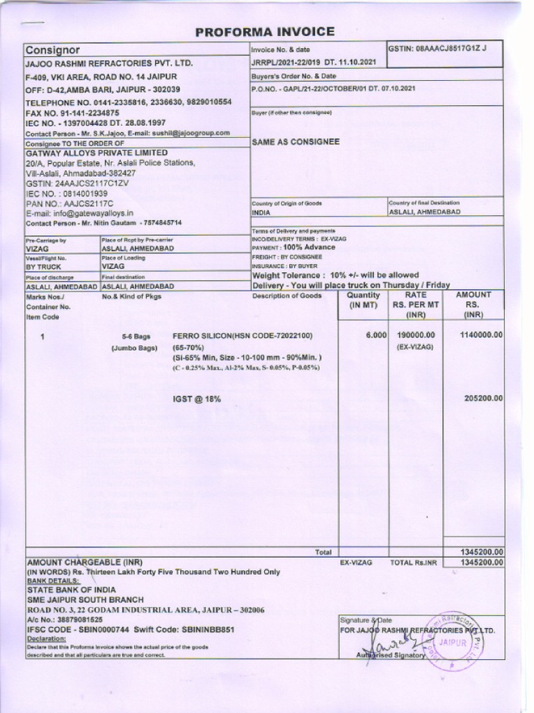 Proforma Invoice: Consignor Jajoo Rashmi Refractories Pvt. LTD | PDF