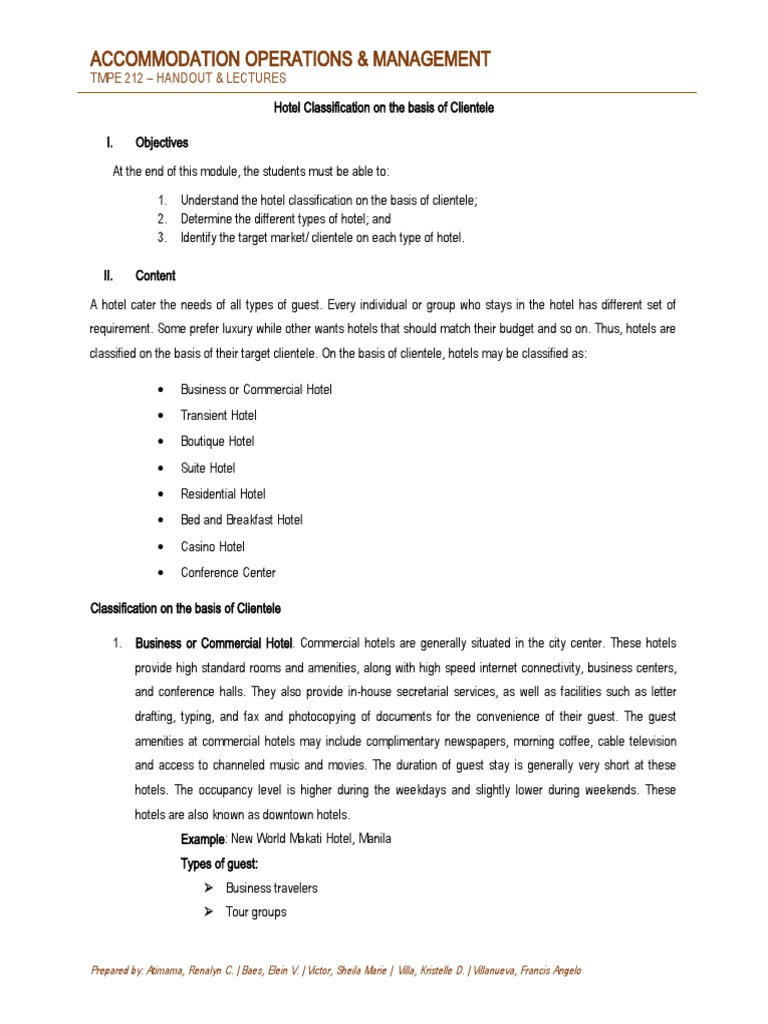 Accommodation Operations & Management: Tmpe 212 - Handout & Lectures | PDF | Hotel | Bed And ...