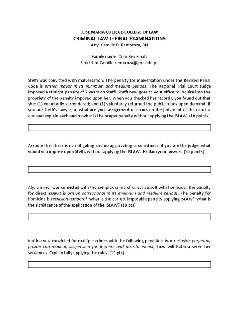 Criminal Law 1 Final Exam | PDF | Justice | Criminal Justice