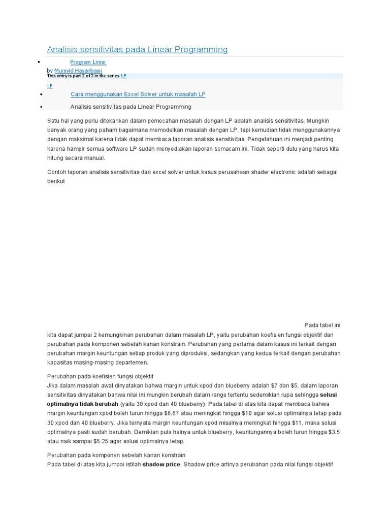 Analisis Sensitivitas Pada Linear Programming | PDF | Metode & Bahan Ajar | Teknologi & Rekayasa