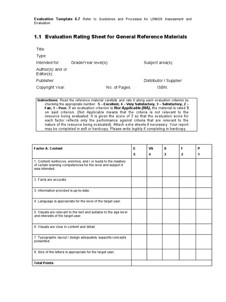6.7 Evaluation Rating Sheet For General Reference Materials | PDF ...