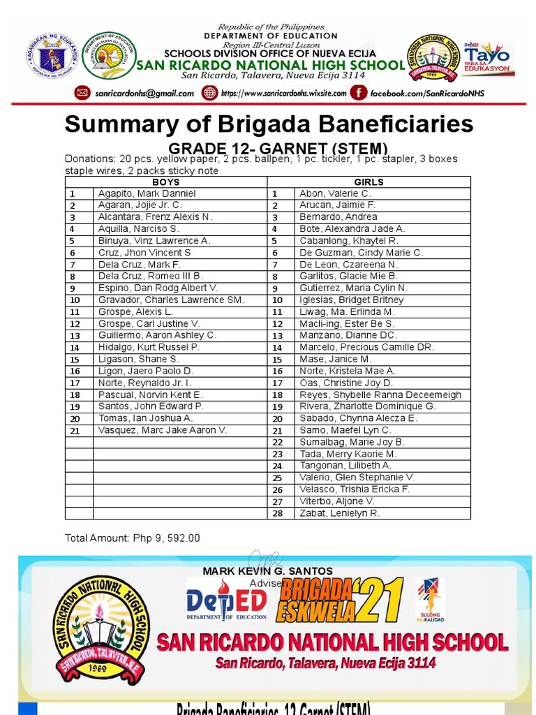 Summary of Brigada Baneficiaries: Grade 12-Garnet (Stem) | PDF