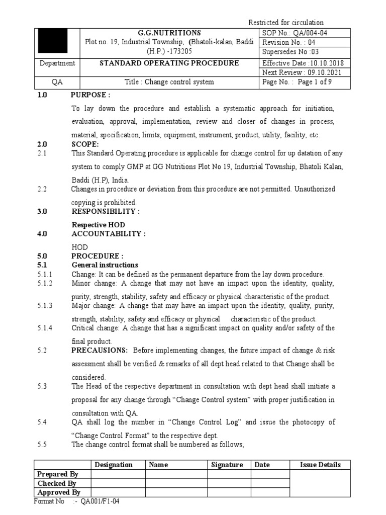GG SOP QA004 Change Control System Ok | PDF | Quality Assurance ...