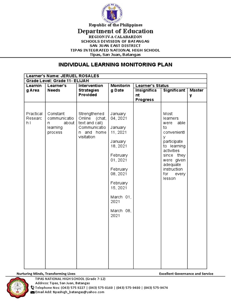 Department of Education: Individual Learning Monitoring Plan | PDF ...