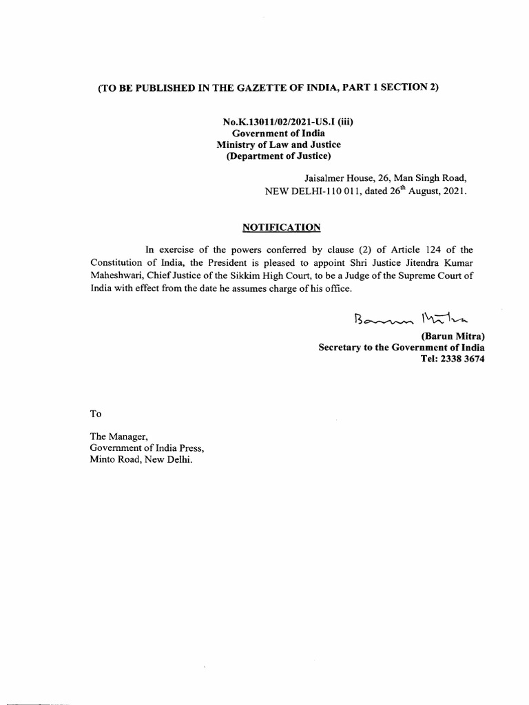 Orders of Appointment of Shri Justice Jitendra Kumar Maheshwari, Chief ...