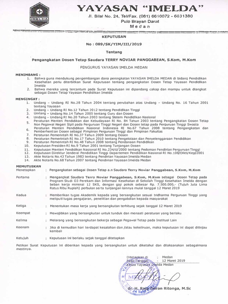 SK Pengangkatan Dosen Tetap Yayasan | PDF