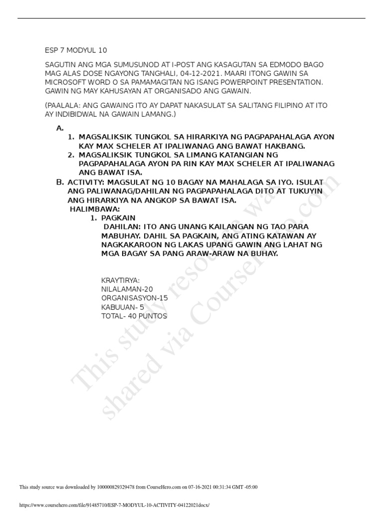 Esp - 7 - Modyul - 10 - Activity Sheet | PDF