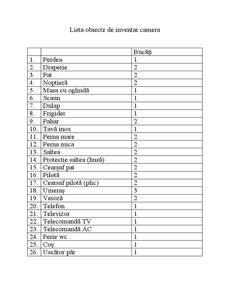 Lista Obiecte de Inventar Camera Hotel | PDF