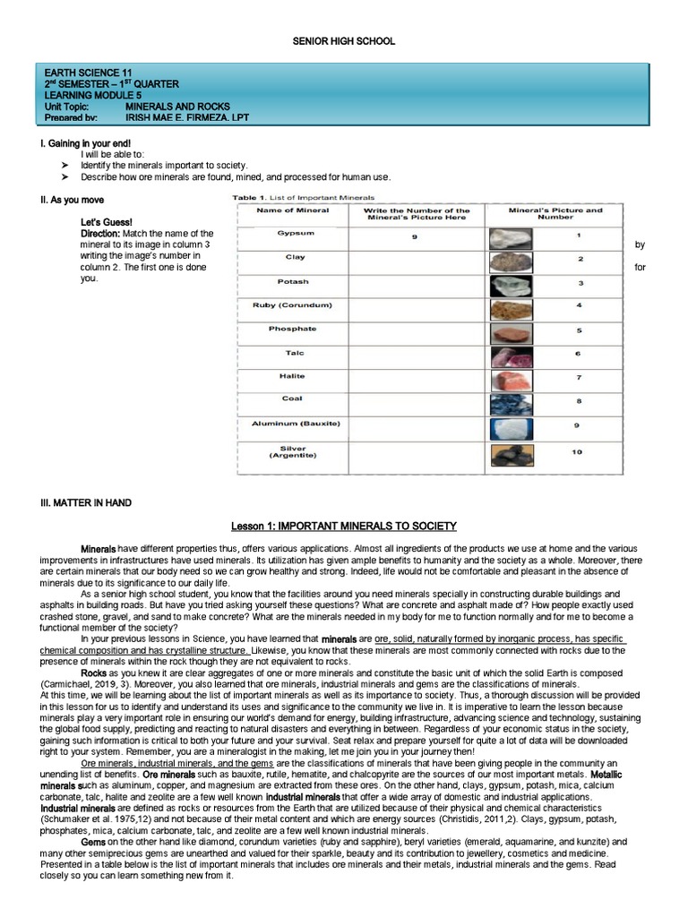 G11 - Earth Science 2ND Sem WK5 | PDF | Mining | Minerals