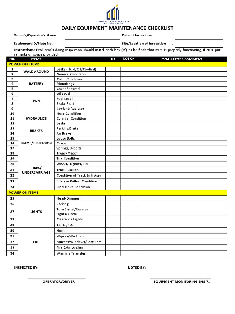 Daily Equipment Maintenance Checklist: Items Evaluators Comment | PDF ...