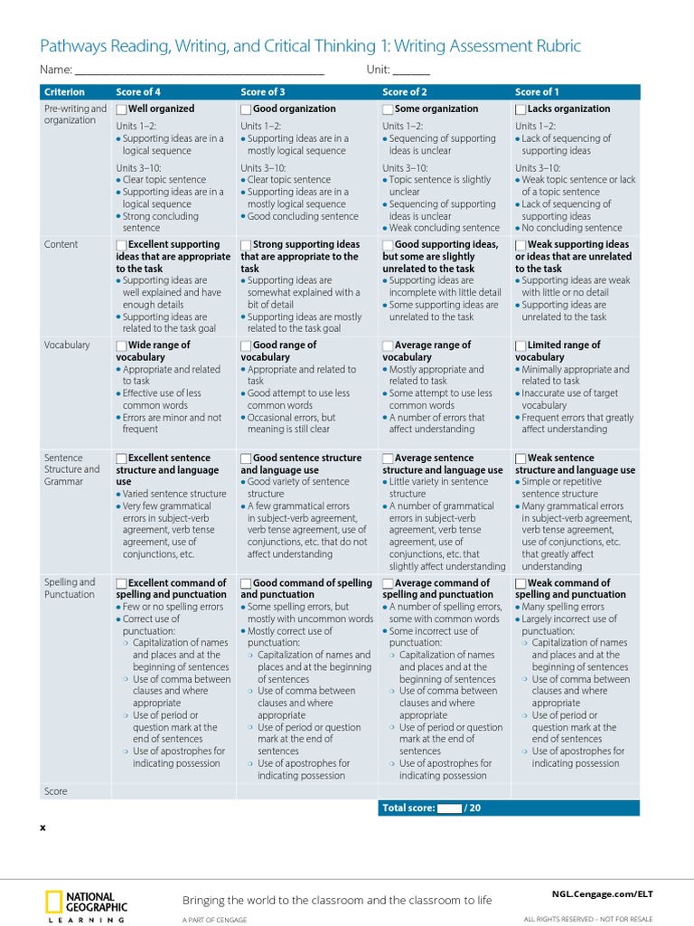 Pathways RW Level 1 Writing Rubrics | PDF | Punctuation | Vocabulary