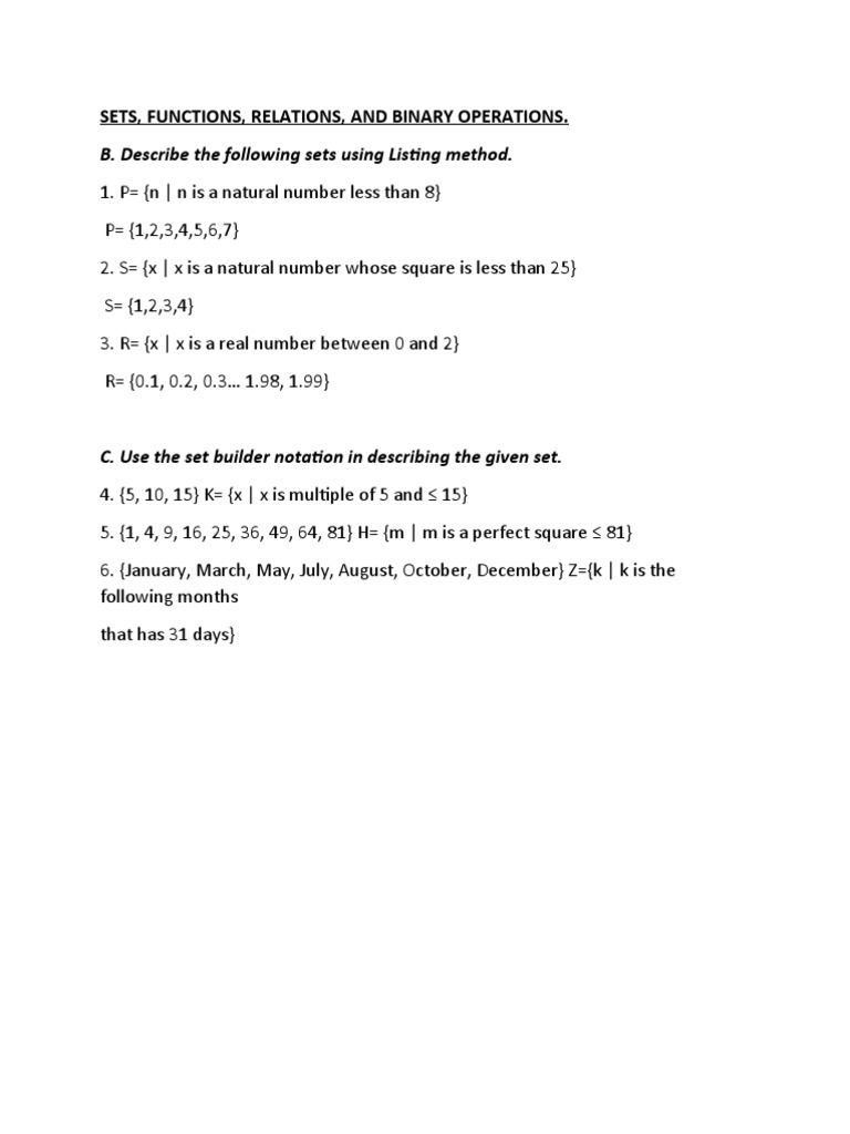 B. Describe The Following Sets Using Listing Method.: Sets, Functions ...