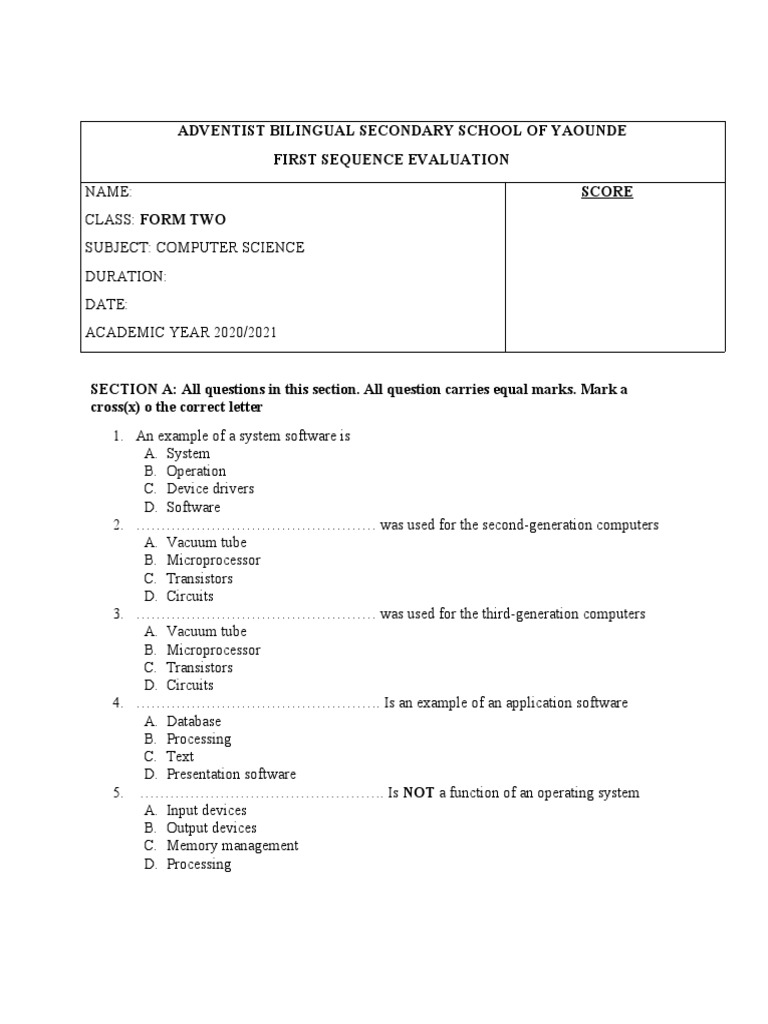 First Evaluation of Form 2 Computer Science | PDF | Input/Output | Software