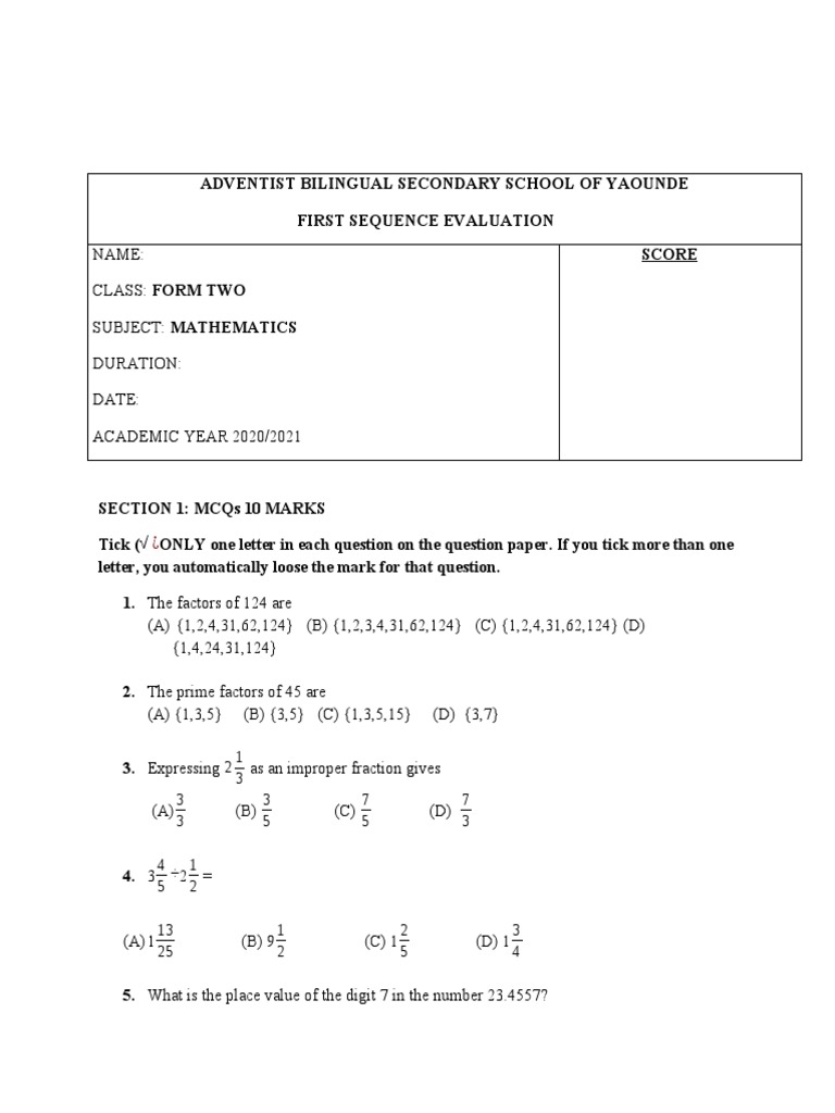 First Evaluation of Form2 Mathematics | PDF | Numbers | Encodings