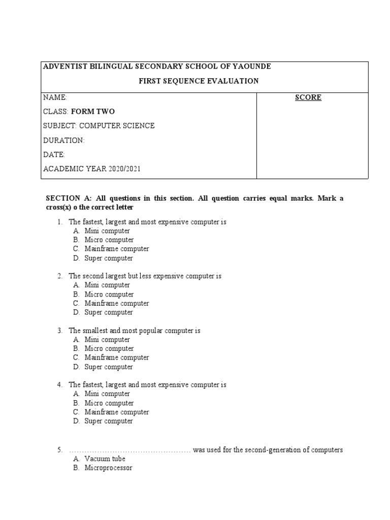 First Evaluation of Form 1 Computer Science | PDF | Office Equipment ...