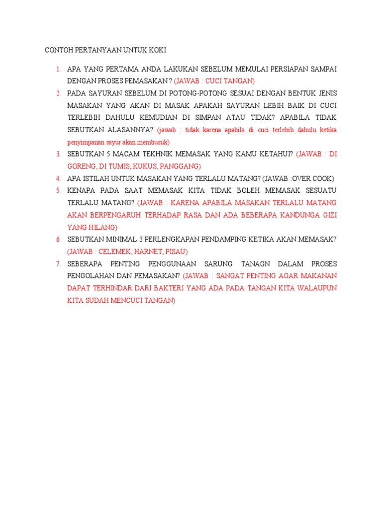 Contoh Pertanyaan Untuk Koki | PDF