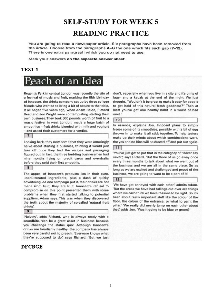 Self-Study For Week 5 Reading Practice: Test 1 | PDF