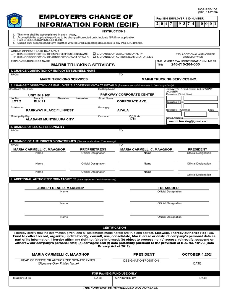 Employer'S Change of Information Form (Ecif) : HQP-PFF-106 (V05, 11/2020) | PDF | Government ...