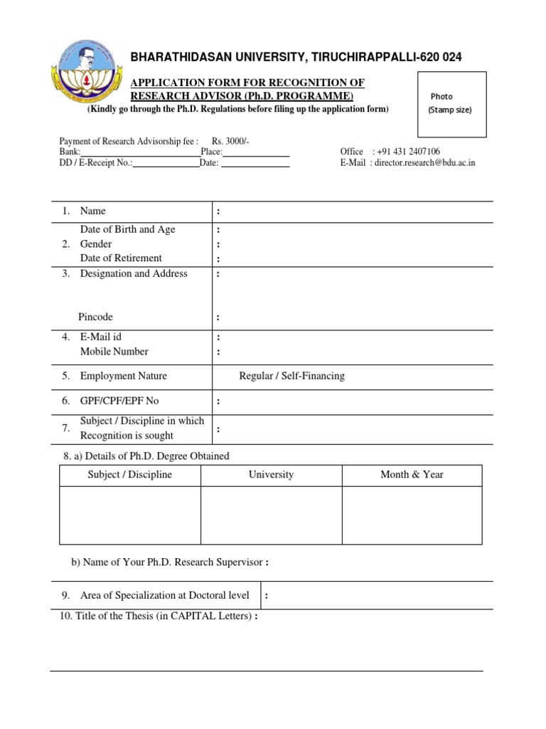 Bharathidasan University, Tiruchirappalli-620 024: Application Form For ...