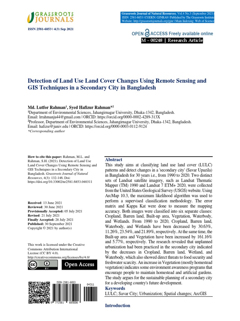 Detection of Land Use Land Cover Changes Using Remote Sensing and GIS ...
