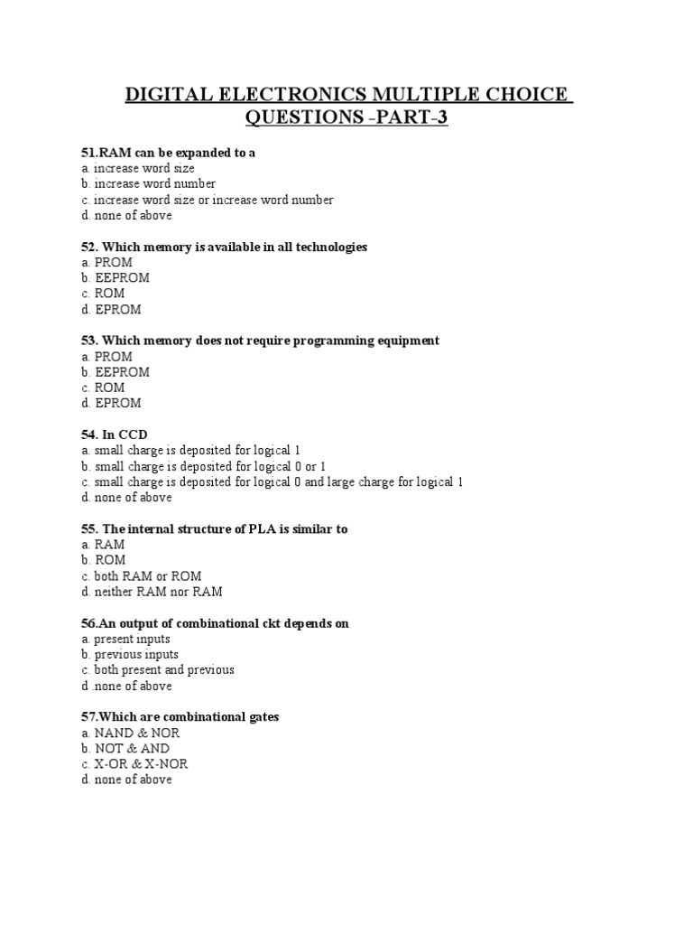 Digital Electronics Multiple Choice Questions 3 | PDF | Read Only Memory | Integrated Circuit