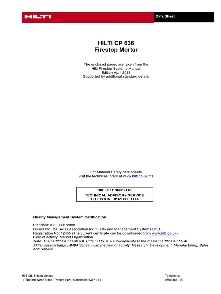 Hilti GT Britain CP 636 Firestop Mortar Specifications Firestop Systems ...