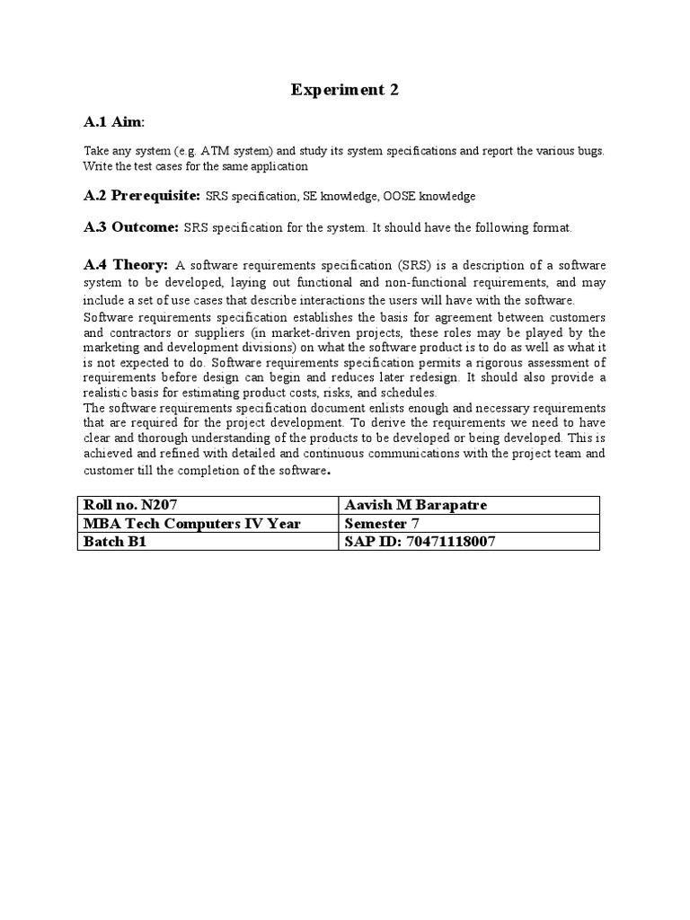 Automated Teller Machine Software Requirements Specification Document Outlining Key Functional ...