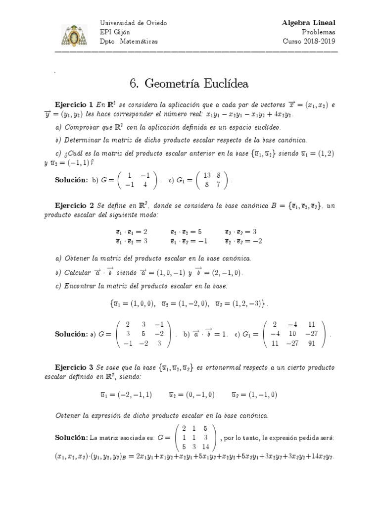 6 Ejercicios Geometría Euclídea | PDF | Escalar (Matemáticas) | Ortogonalidad