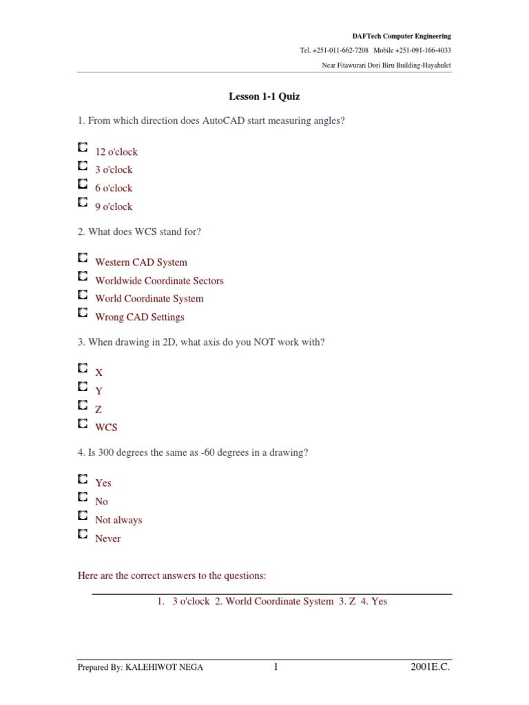 Introduction to AutoCAD Quiz: Lessons 1-1 through 1-7 | PDF | Auto Cad ...