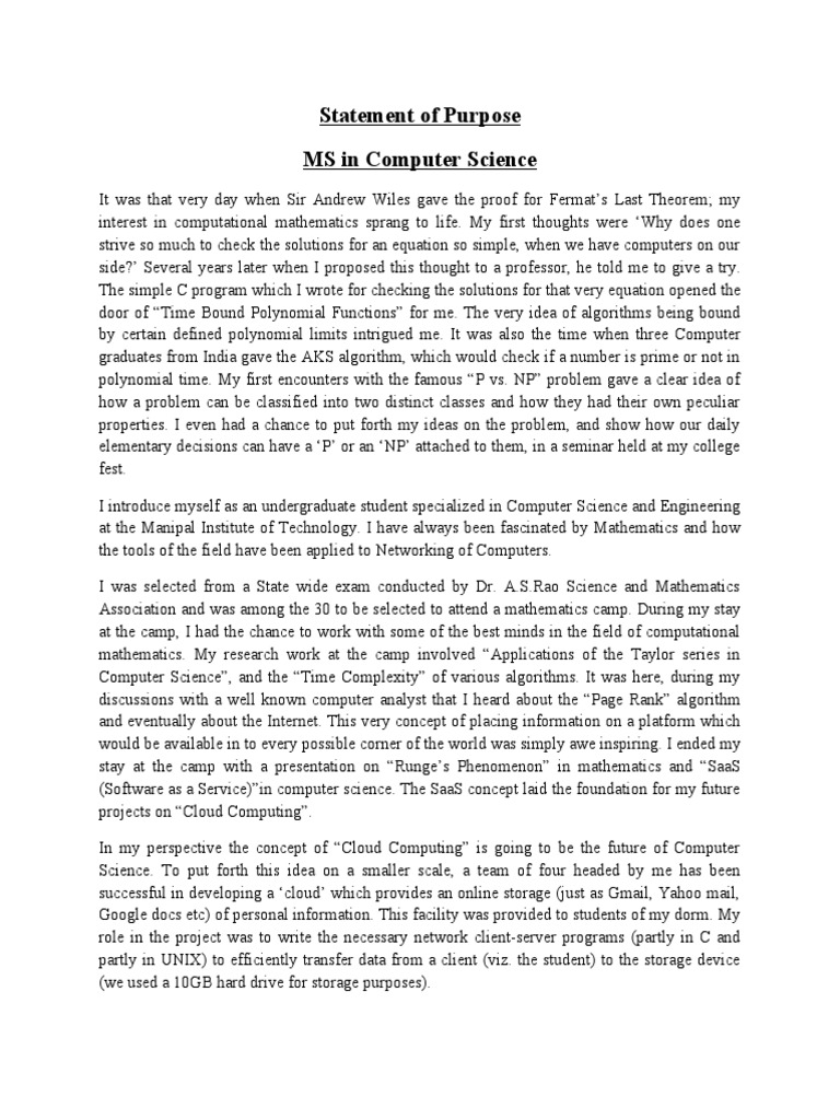 Statement of Purpose MS in Computer Science | PDF | Cloud Computing ...