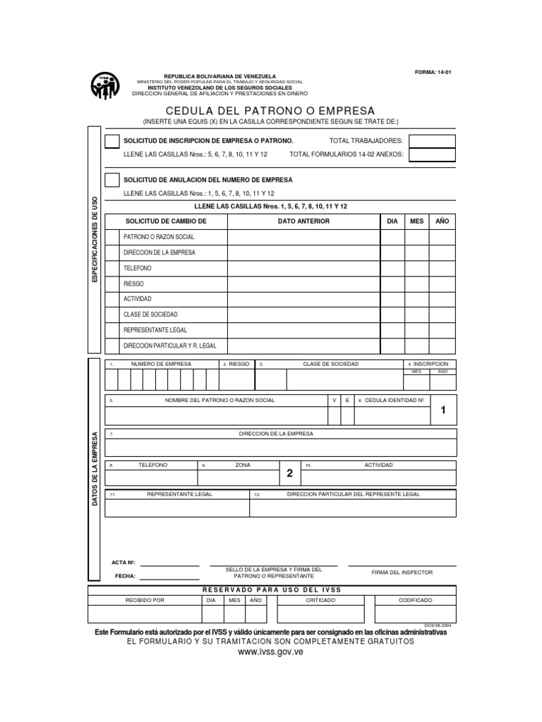 Solicitud de Inscripción IVSS: Forma 14-01 | PDF