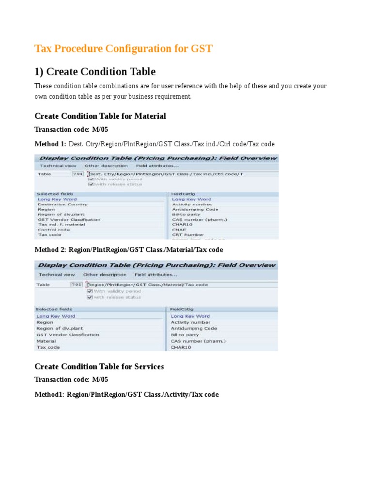 1) Create Condition Table: Tax Procedure Configuration For GST | PDF ...