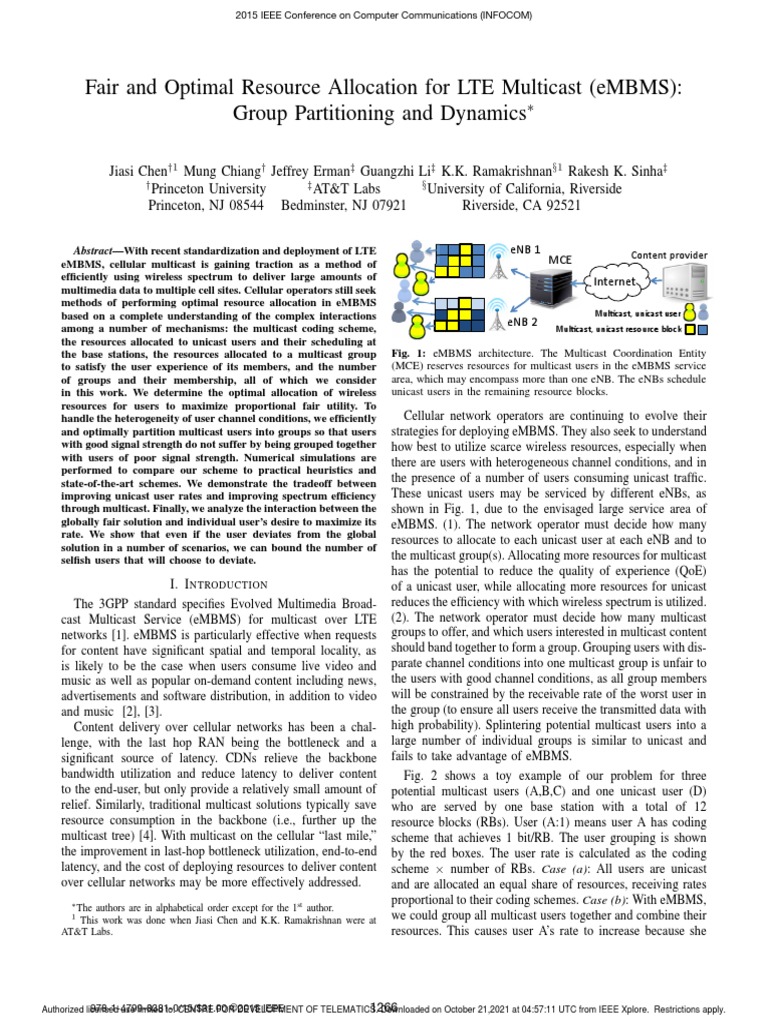 Fair And Optimal Resource Allocation For Lte Multicast Embms Group Partitioning And Dynamics