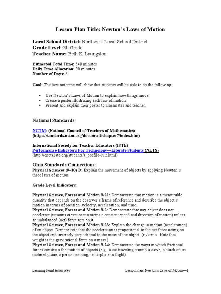 Lesson Plan Title: Newton's Laws of Motion: Local School District ...