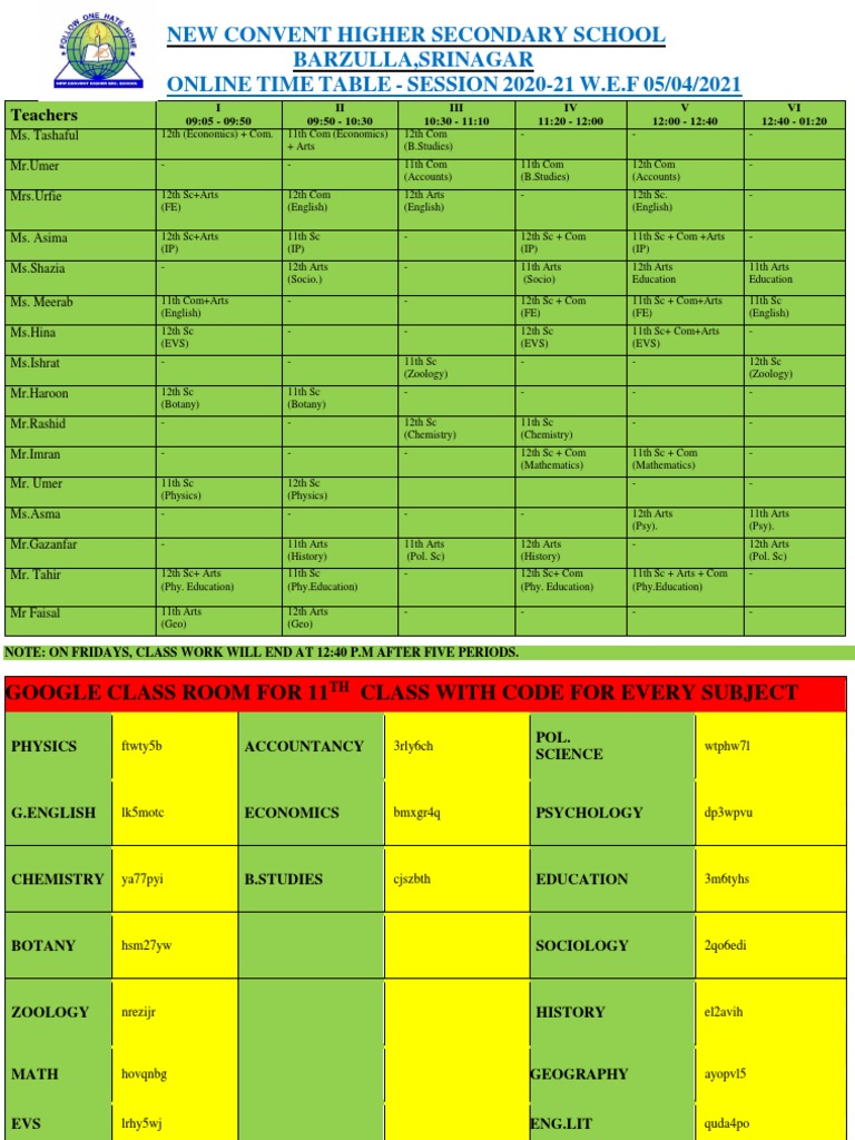 Timetable For Online Classes For 11th & 12th Class With Google Class ...