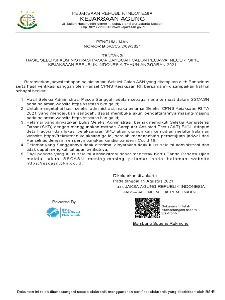 Pengumuman Tentang Hasil Seleksi Administrasi Pasca Sanggah Calon Pegawai Negeri Sipil Kejaksaan ...