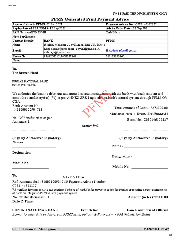 PFMS Generated Print Payment Advice: To, The Branch Head | PDF ...
