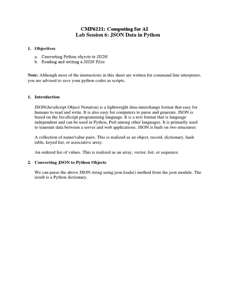 CMP6221: Computing For AI Lab Session 6: JSON Data in Python | PDF | Json | String (Computer ...