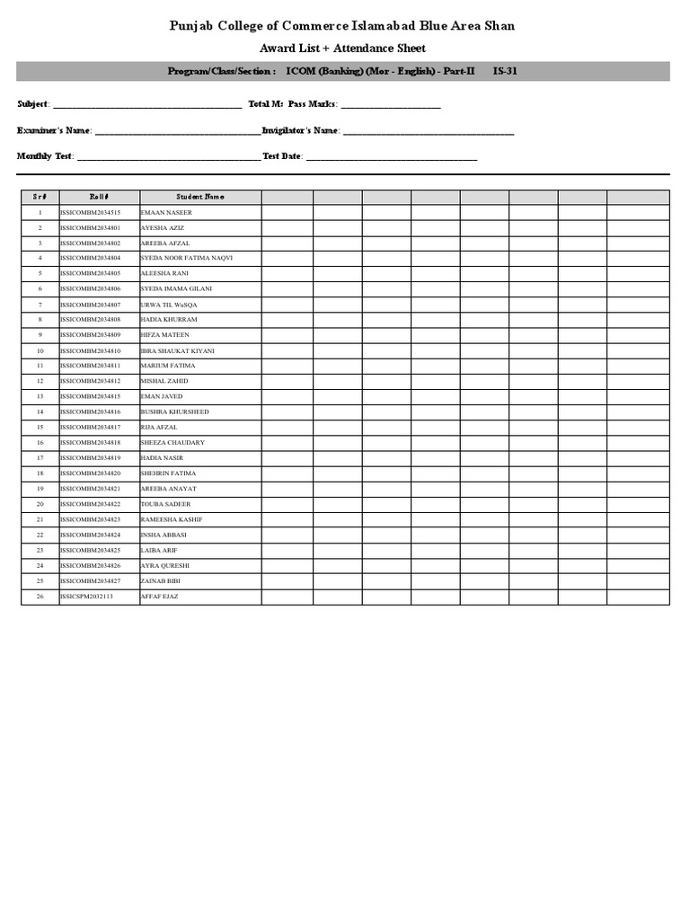 Award List + Attendance Sheet: Program/Class/Section: ICOM (Banking ...