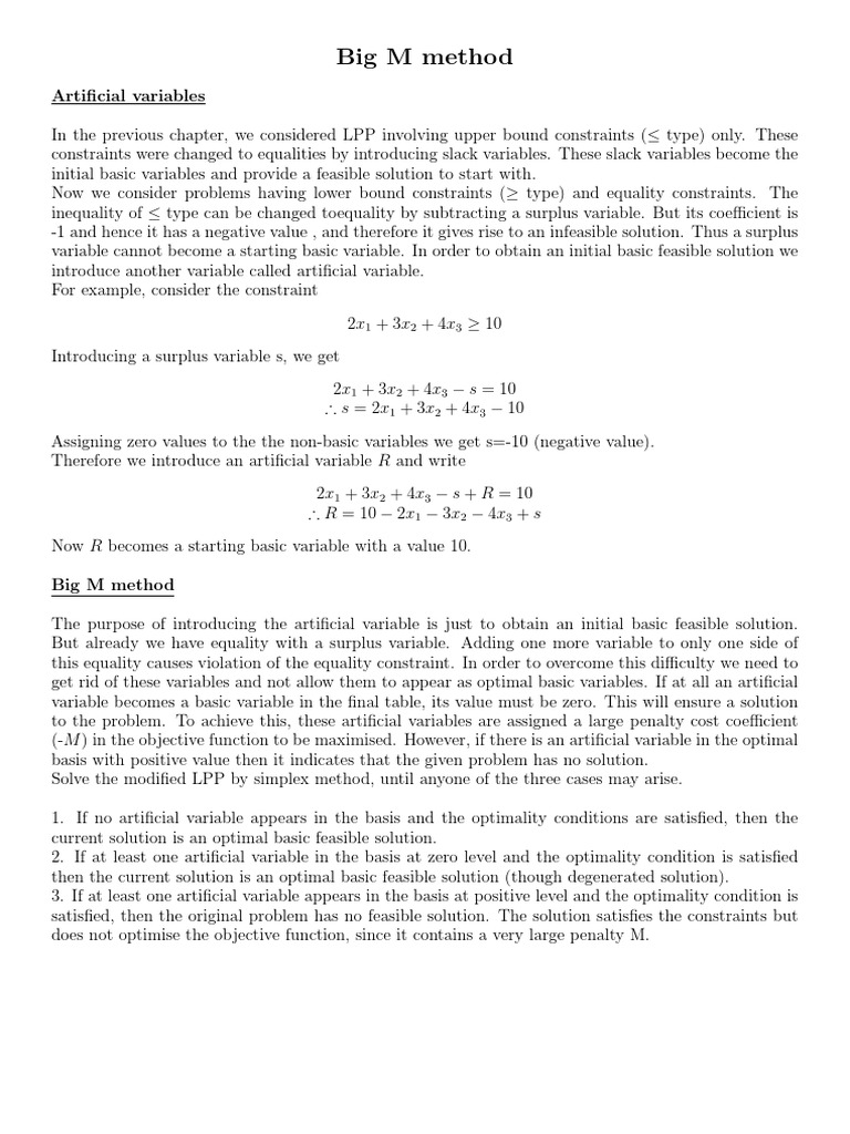 The Big M Method: Using Artificial Variables to Obtain an Initial Feasible Solution for Linear ...