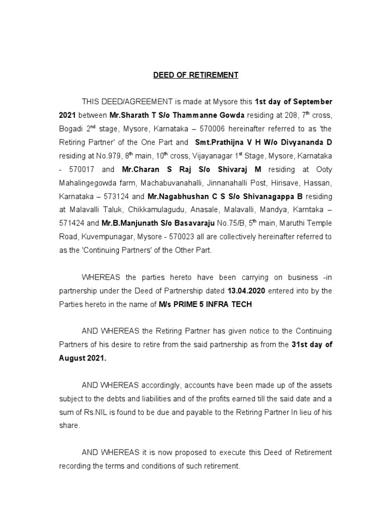 Deed of Retirement: TH ND | PDF | Partnership | Indemnity