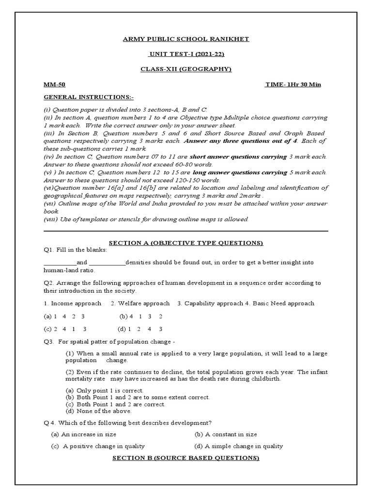 Army Public School Ranikhet UNIT TEST-I (2021-22) Class-Xii (Geography ...