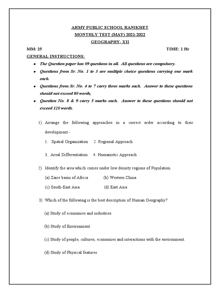 Army Public School Ranikhet MONTHLY TEST (MAY) 2021-2022 Geography-Xii ...