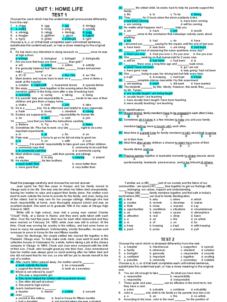 Unit 1: Home Life: Test 1 | PDF