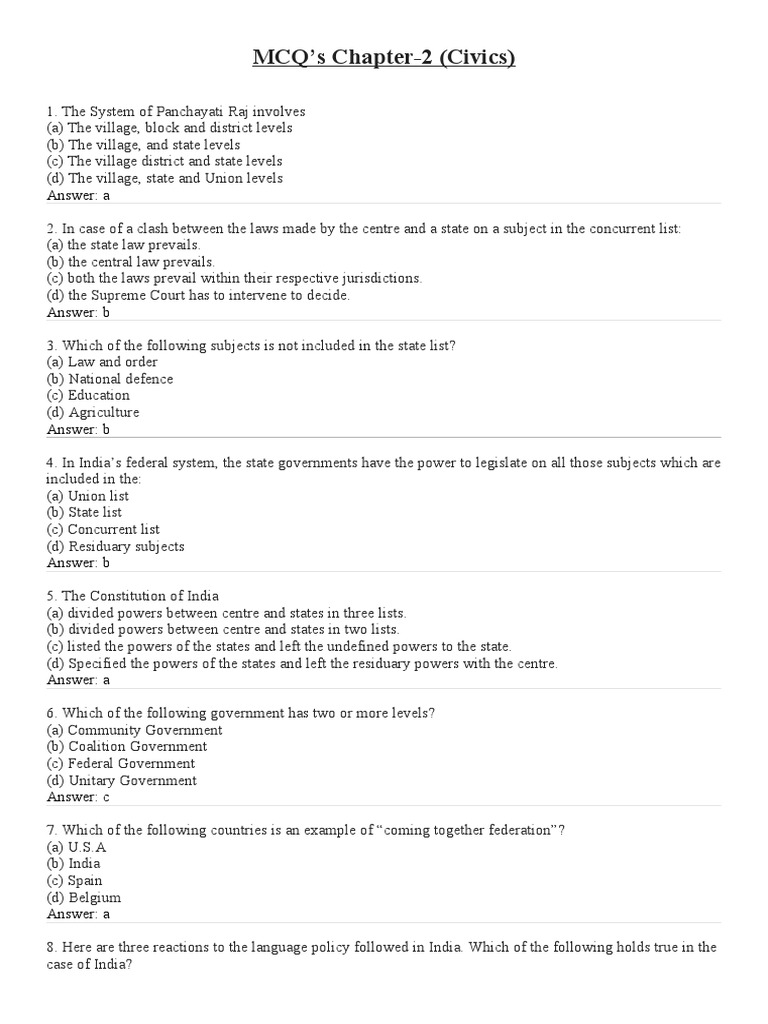 MCQ's Chapter-2 (Civics) : Answer: A | PDF | Political Science ...