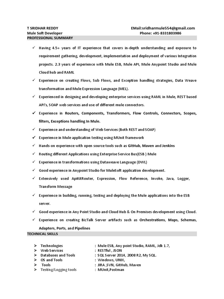 SridharT Mulesoft Resume | PDF | Web Service | Software Development