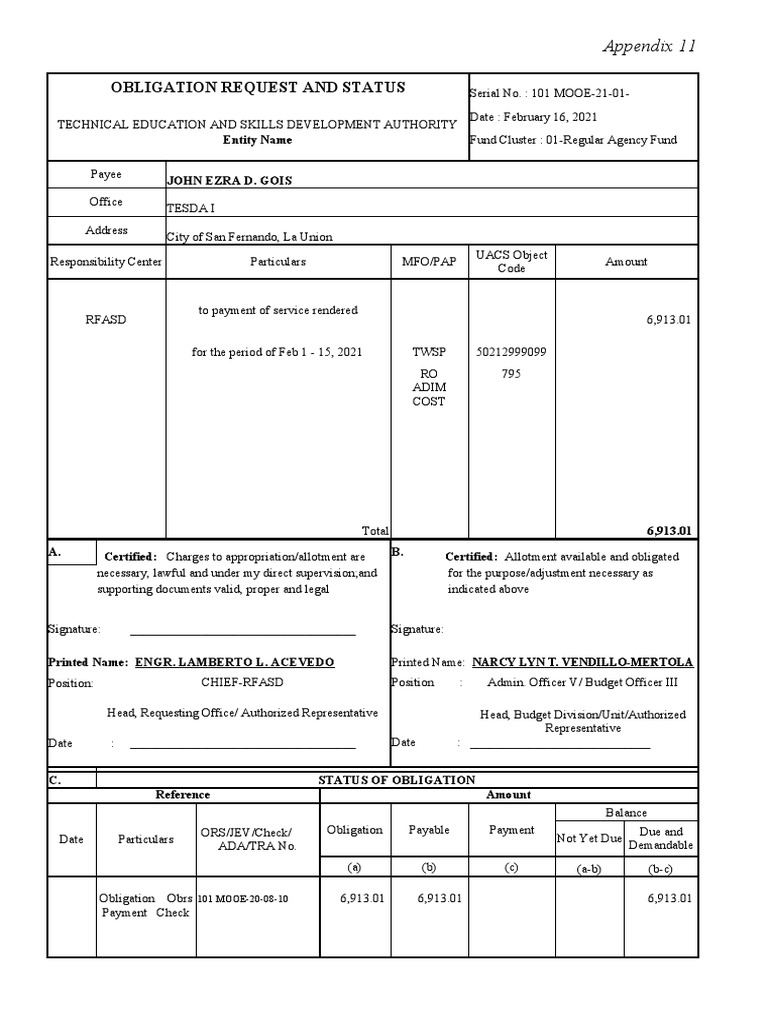 Obligation Request and Status: Appendix 11 | PDF | Payments | Printer ...