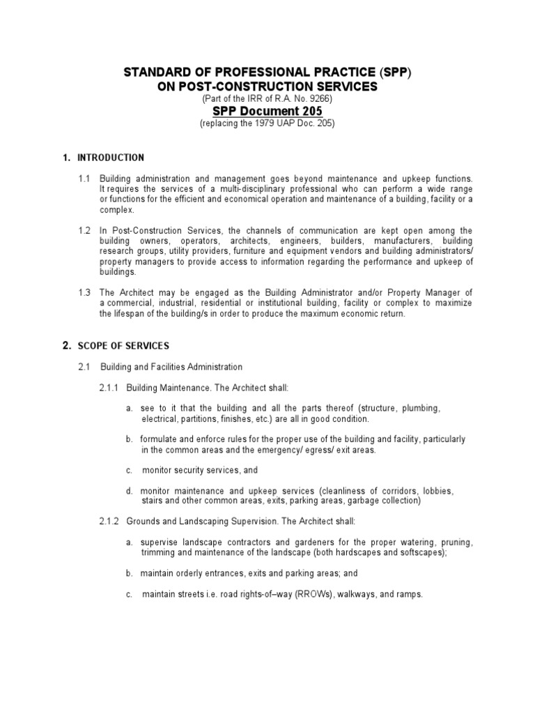 Standard of Professional Practice (SPP) On Post-Construction Services ...